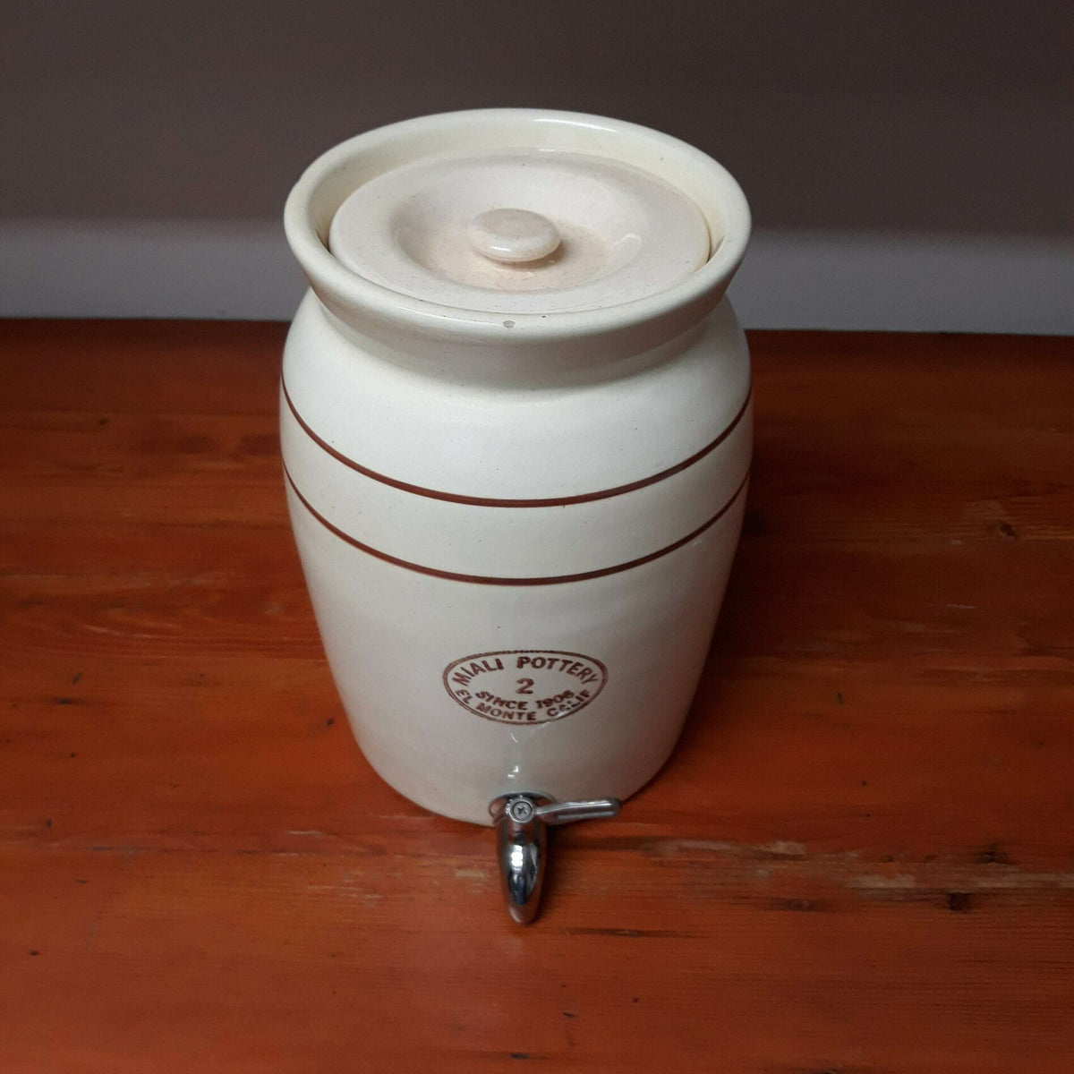 Vintage Miali Pottery 2 USA water jug crock cream with brown stripes ...