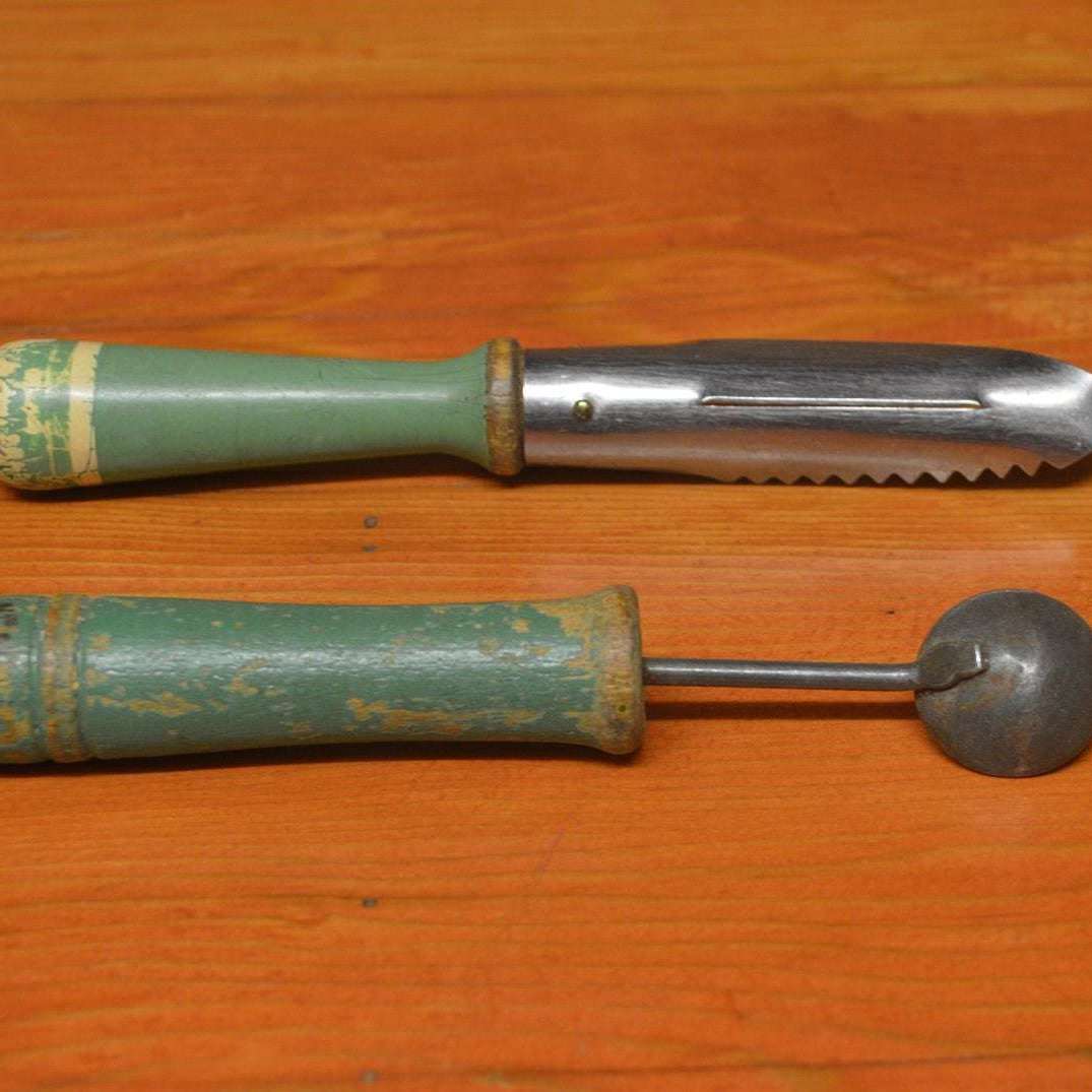 Vintage apple peeler corer vintage melon baller green primitive wood h ...
